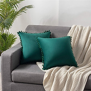 DEZENE Decorative Pillow Covers 18x18 Green: 2 Pack Cozy Soft Pom-poms Velvet Square Throw Pillow Cases for Farmhouse Home Decor