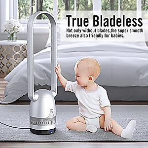 Mitcent Bladeless Fan and Air Purifier in One, H12 HEPA Filter Capture 99.95% 0f 0.3 Micron Particles, Tower Fan for Bedroom, White