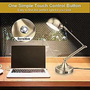 Mlambert 3-Color in 1 LED Desk Lamp with USB Charging Port, Swing Arm, Fully Dimmable, Eye-Caring Task Lamp, Touch Control Brass Metal Architect Drafting Table Lamp for Bedside, Office, Work, Reading