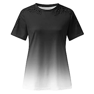 Womens Summer Casual Cold Shoulder T Shirts Elegant Lace Crochet Hollow Out Short Sleeve Tops Solid/Colorblock Loose Blouse