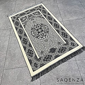 SAQENZA Muslim Prayer Rug Double Sided - Prayer Mat 3 Pieces Set - Gift Kufi Hat - Gift Prayer Beads ( 99 ) - Muslim Gifts for Men , Women and Kids ( Black )