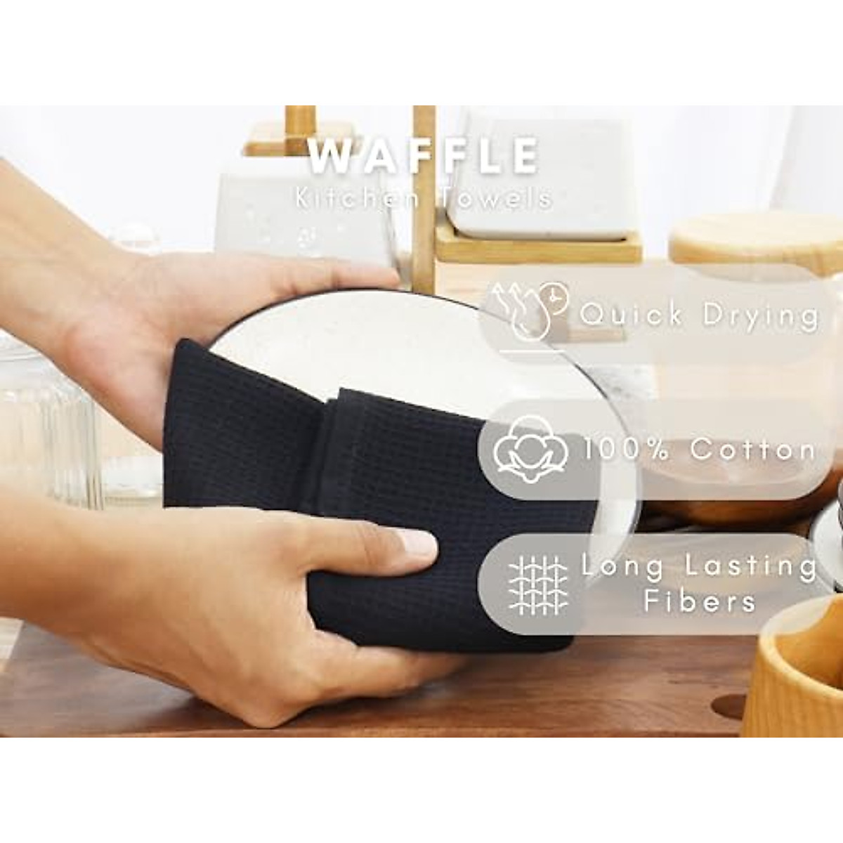 PurpleEssencs Waffle Weave Kitchen Towel, 100% Cotton - 15x25 Inches, with Hanging Loop Ultra Soft Absorbent Quick Drying Dish Cloth, Tea and Hand Towels, 6 - Pack Fall Thanksgiving Halloween - Black