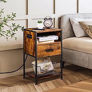 EOYUTLLY Nightstand with Charging Station,End Table with USB Ports & Power Outlets, Night Stands with Storage Drawer for Bedroom Living Room (Rustic Brown Set of 2)