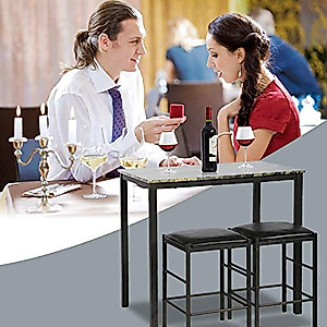 Payhere Modern Dining Kitchen Table -3 Piece Dining Set Faux Marble Rectangular Dining Table with Two Stools for Home or Hotel Dining Room, Kitchen or Bar Dark Brown