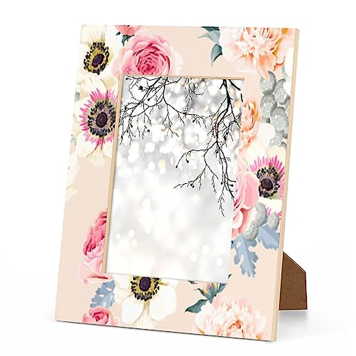POFATO Chrysanthemum Pink Rose 4x6 Picture Frame Wood Photo Frame for Tabletop Display Wall Mount Picture Frame Display 4x 6 Inch Photo Wall Decor Home Gift Frames