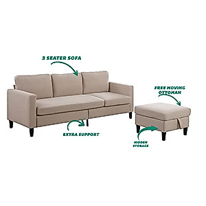 Urban Home Furniture Marcus 77" Mid Century Reversible Sectional with Storage Ottoman - Oatmeal