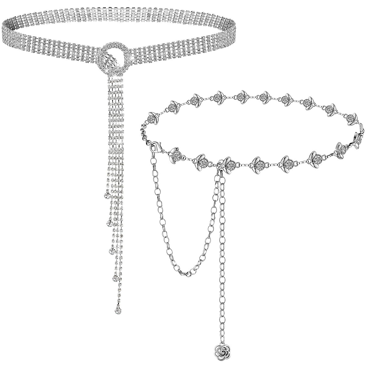 Vabean 2 Pieces Rhinestone Belt for Women Shiny Crystal O-Ring Waist Belts for Dress Diamond Chain Belt for Ladies Dress Gift (Silver)