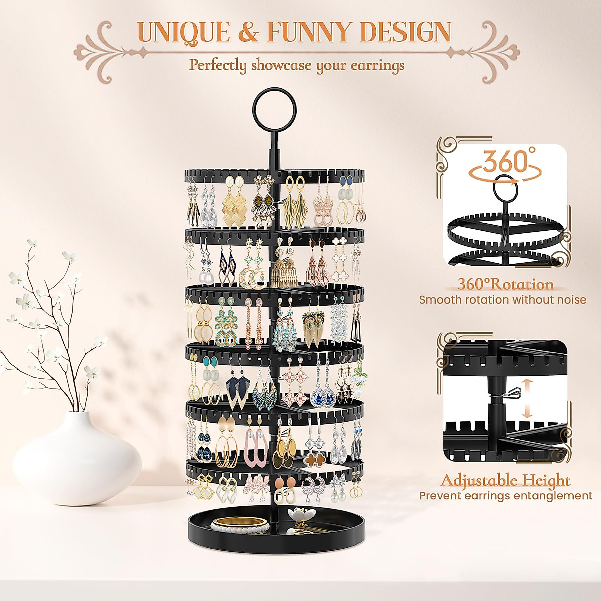 iDavosic.ly 6 Tier Rotating Earring Holder Organizer with Metal Tray, Adjustable Plastic Earring Display Stands Tree with 342 Grooves, Large Earring Storage Rack Tower for Hoop Dangle, Black