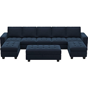 Belffin Modular Sectional Sofa Set Velvet U Shaped Sofa Set with Reversible Wide Chaise Convertible Corner Sectional Sofa Couch Set with Storage Ottoman Blue