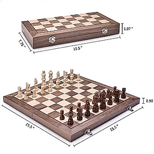 AMEROUS 15 Inches Magnetic Wooden Chess Set with 2 Extra Queens/Folding Board/Chess Pieces Storage Slots/Instructions, Portable Travel Chess Game for Beginner/Classic Board Game