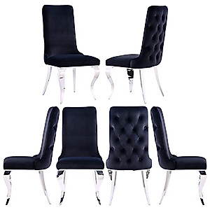 AZhome Dining Chairs, Black Velvet Upholstered Dining Room Chairs in Buttons Tufted Backrest, High Back Heavy Duty Dining Chair with Silver Mirrored Stainless Steel Legs, Set of 6