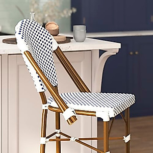 Flash Furniture Lourdes Commercial Grade Bistro Bar Height Stool, Stackable Indoor/Outdoor Dining Stool, 30" High, White/Navy and Bamboo Finish, Set of 2