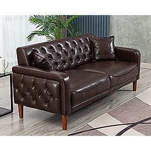 Aoowow Faux Leather Sofas and Couches 78 Inches Long, Mid Century Modern Couch Tufted Back Sofa with 2 Throw Pillows, Armrest and Wooden Legs for Living Room, Apartment, Bedroom (Brown)