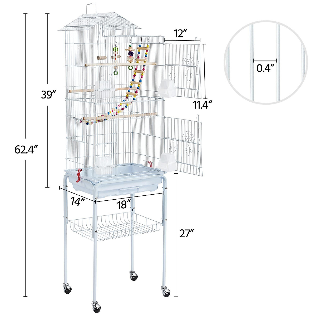 Yaheetech 62.4-inch Roof Top Flight Bird Cage for Parakeets Cockatiels Conures Finches Lovebirds Canaries Budgies Small Parrots, Large Birdcage with Detachable Rolling Stand, White