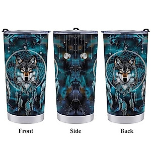 WNICELIN Wolf Moon Dreamcatcher Tumbler Insulated Travel Mug Stainless Steel Travel Tumbler Car Cup with Straw And Brush with Lid 20oz