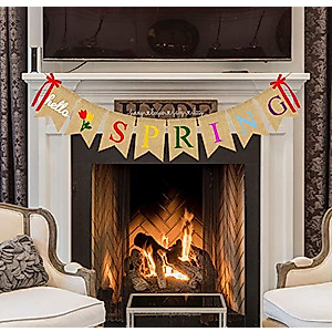 JOZON Hello Spring Burlap Banner Jute Spring Bunting Banner Garland Flower Spring Decorations for Indoor Outdoor Party Mantel Fireplace Wall Decor