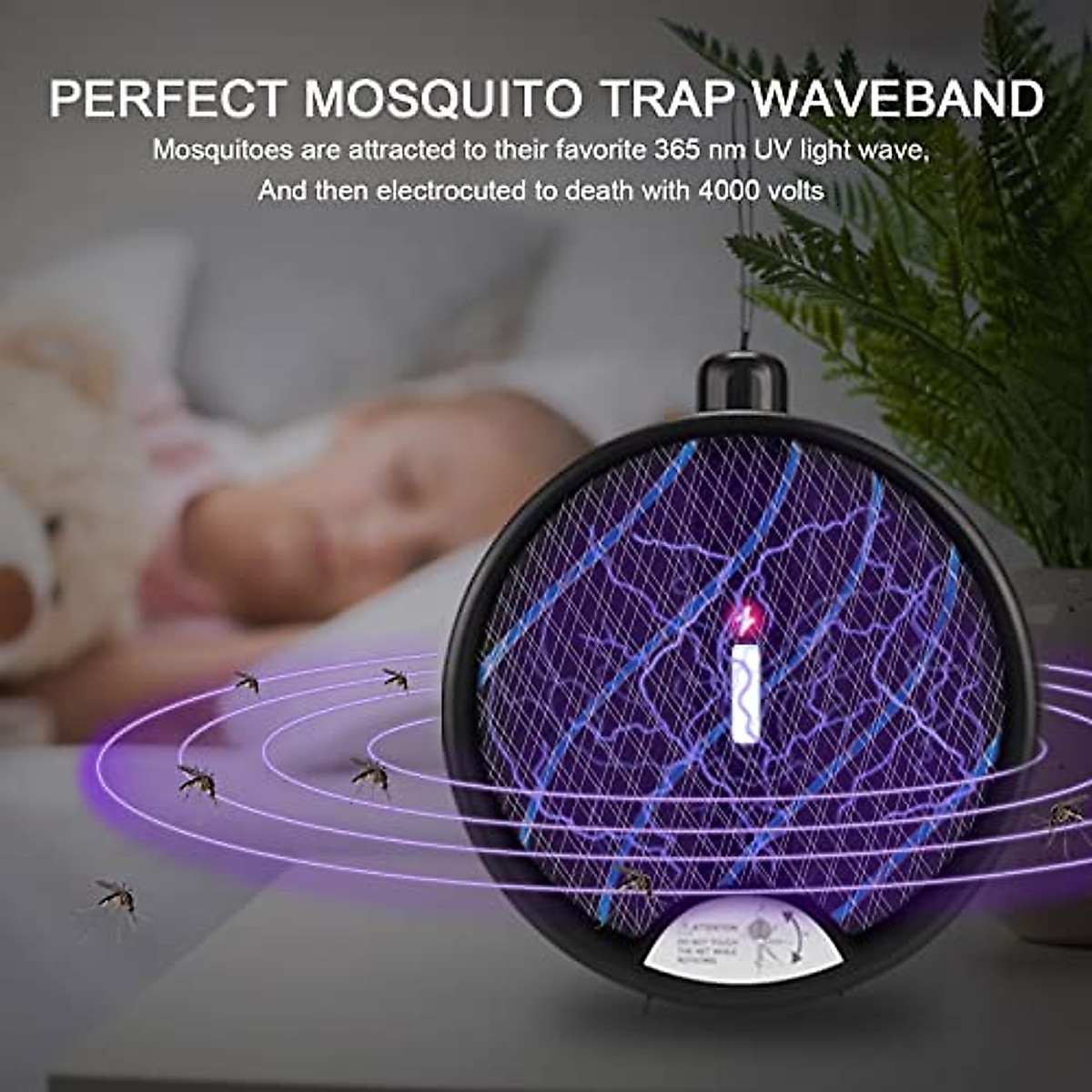 lanju Electric Fly Swatter Racket & Bug Zapper 4000V Mosquito Zapper Racket Indoor with Light Trap Fly Killer Foldable USB Rechargeable for Outdoor Home Office Backyard (1 Pack)