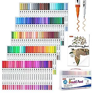 Shuttle Art 120 Colors Dual Tip Brush Art Marker Pens with 1 Coloring Book, Fineliner and Brush Dual Tip Markers Set Perfect for Kids Adult Artist Calligraphy Hand Lettering Journal Doodling Writing.
