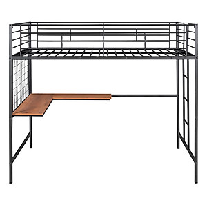 Black Full Loft Bed with Desk & Metal Grid, Metal Loft Bed Full Size with Safety Guardrails and Ladders, High Loft Bed Frame for Teens, Adults, No Box Spring Needed