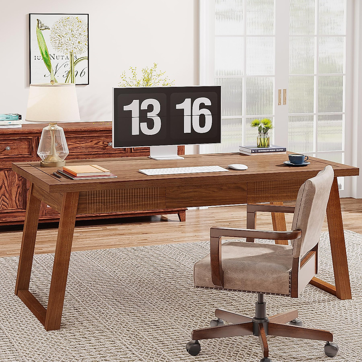 Tribesigns Home Office Executive Desk: 55 Inches Wooden Computer Desk with Drawer, Mid-Century Modern Study Writing Table, Rustic PC Laptop Desk Workstation Furniture, Walnut Brown