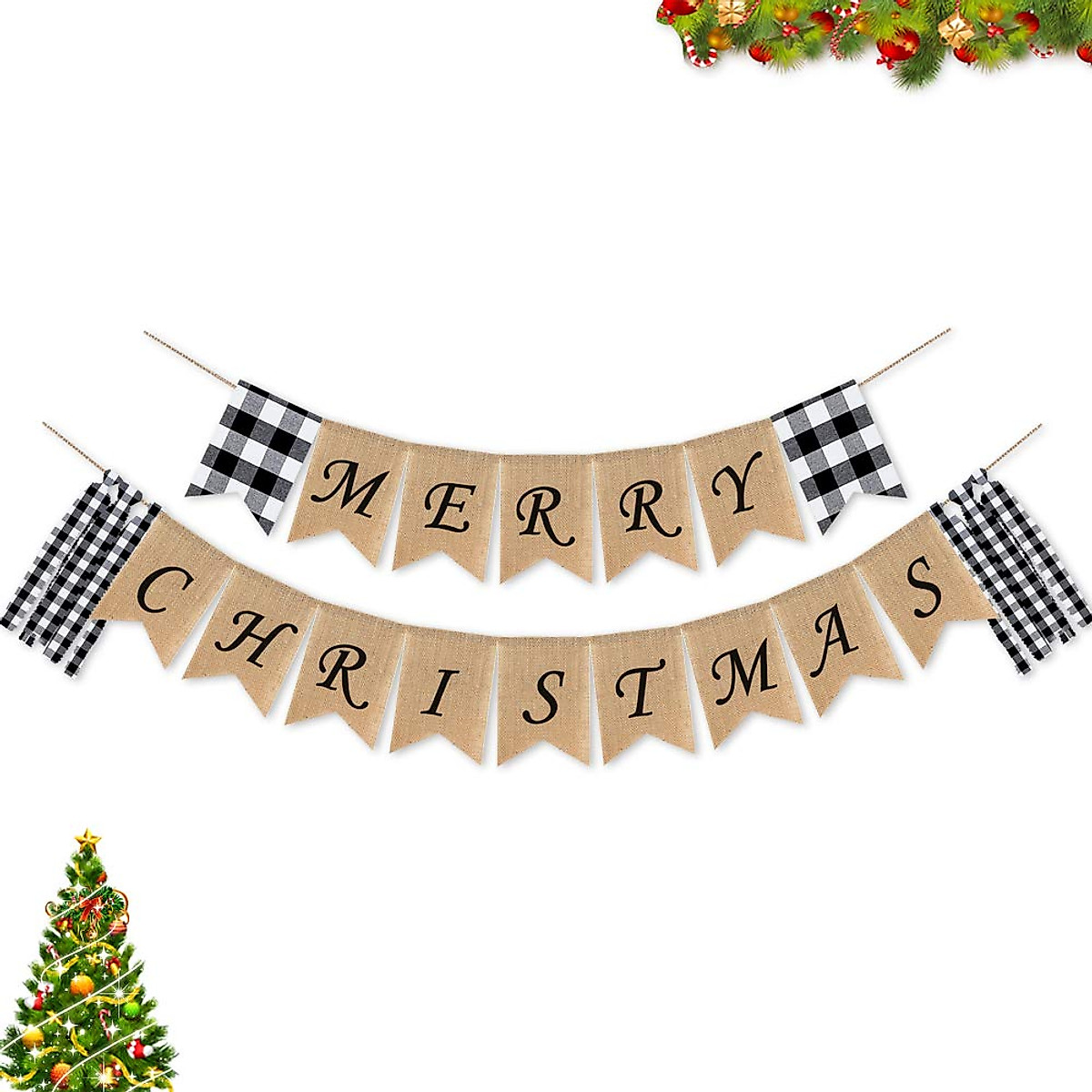 SWYOUN Burlap Merry Christmas Banner Buffalo Check Plaid Black and White Gingham Mantel Fireplace Garland Decoration