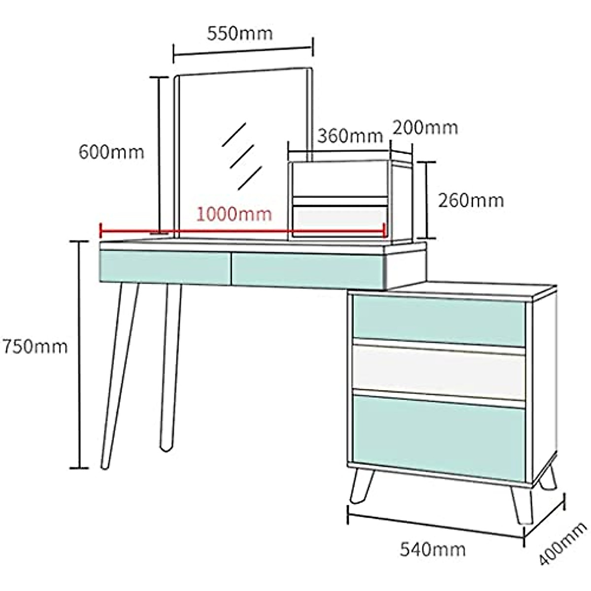 LEONYS Vanity Set with Mirror, Makeup Vanity Dressing Table, 6 Drawers Dresser Desk and Cushioned Stool Set (Color : Green)