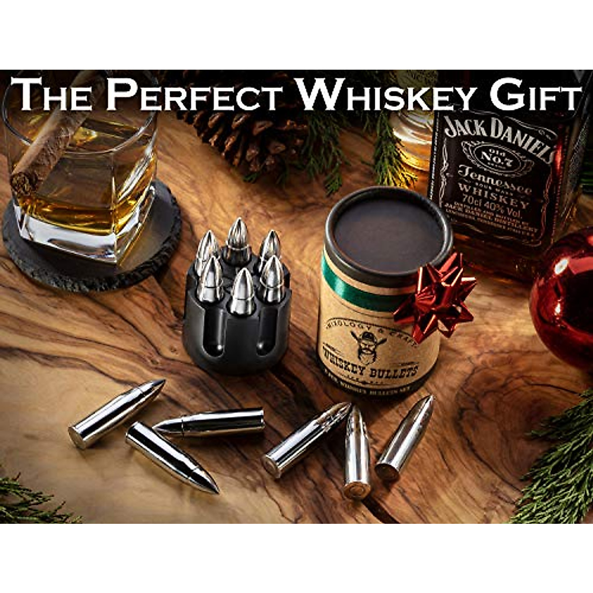 Whiskey Stone Bullets Gift Set - Stainless Steel Bullet Shaped Whiskey Stones with Revolver Freezer Base, Reusable Bullet Ice Cube for Whiskey Gift Set for Men, Dad, Husband, Boyfriend(Silver)