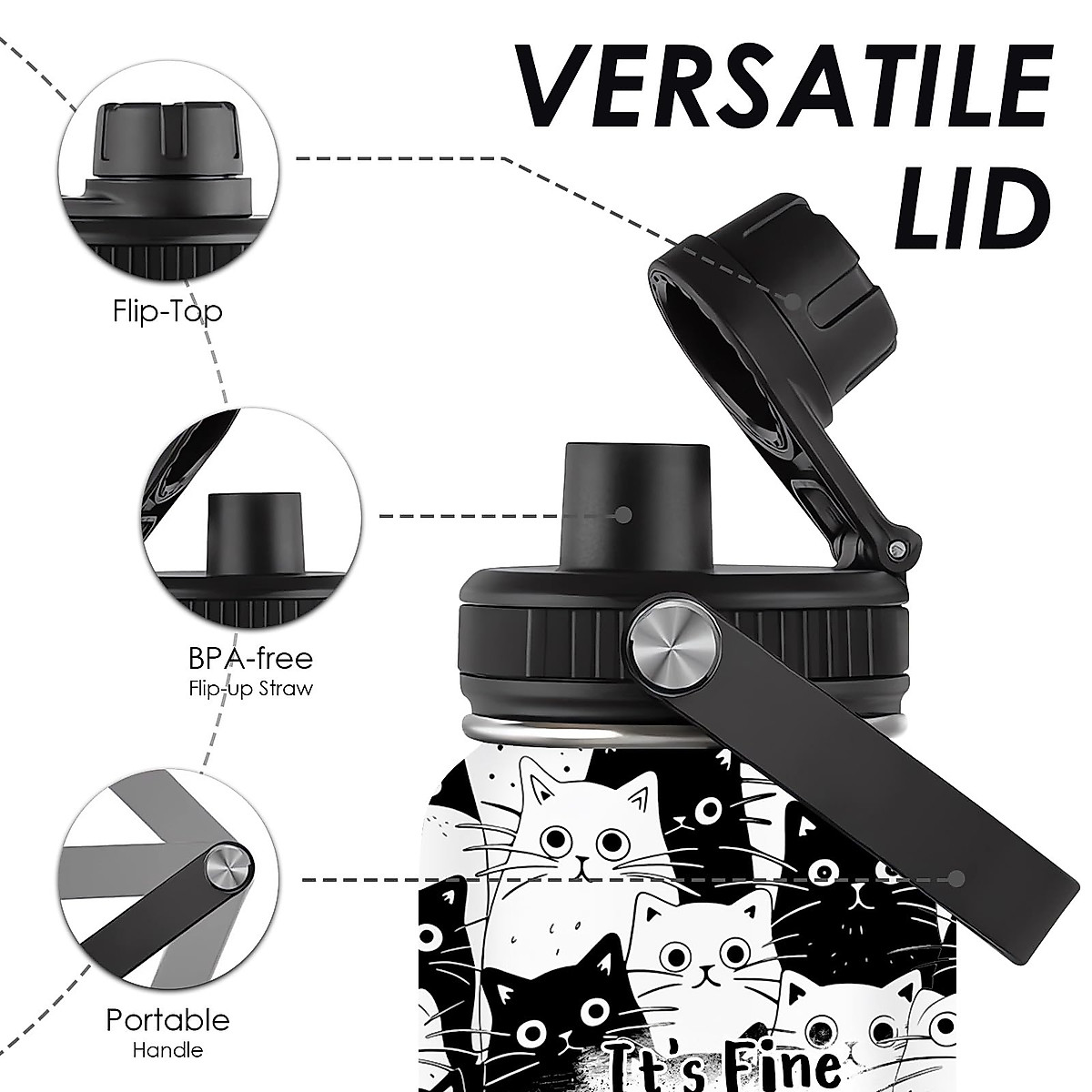 WWHSAI Cat Lover Gifts, Everything Is Fine I'm Fine Black Cats Water Bottle Travel Tumbler 32Oz, Christmas Birthday Gift for Cats Lovers Women Cup Cute Cat Themed Stuff Funny Coffee Mugs