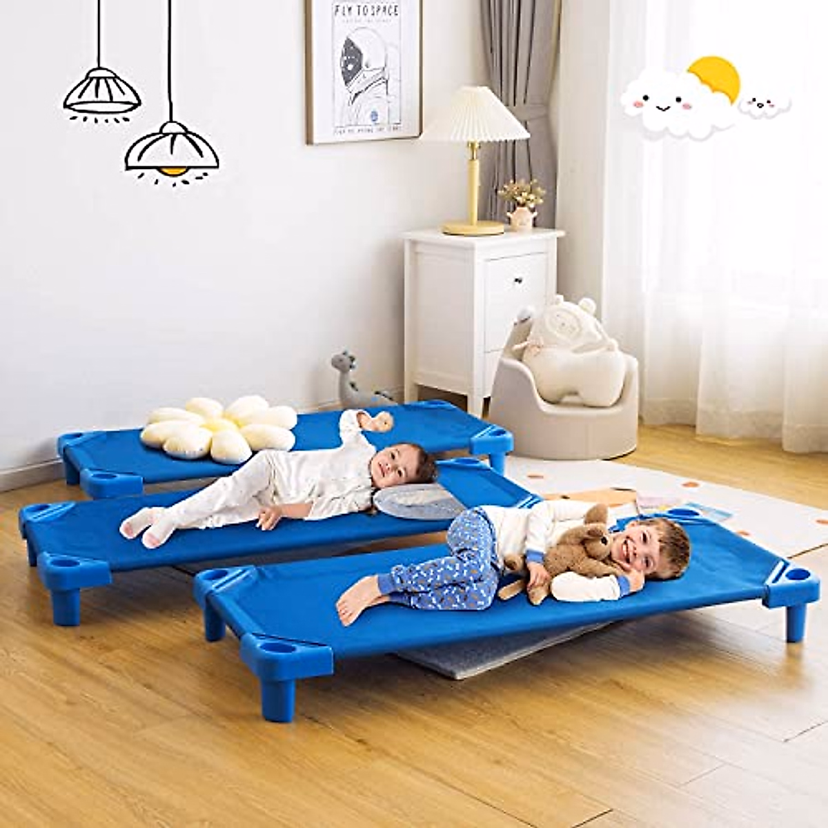 Fireflowery Toddler Daycare Cots, Stackable Kids Cots for Sleeping, Resting, Naptime Cot w/Easy Lift Corners, Great for Nursery, Preschool, Home, Pack of 6, Dark Blue