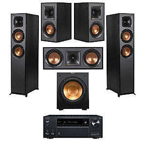 Klipsch Reference Series 5.2 Home Theater Pack with 2X R-625FA Floorstanding Speakers, R-52C Center Channel Speaker, 2X R-41M Bookshelf Speakers (Speaker System + Subwoofer + Receiver)