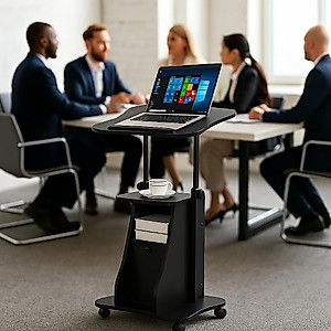 Tangkula Mobile Laptop Podium, Height Adjustable Sit to Stand Desk with Tilting Desktop & Storage Cabinet, Ergonomic Rolling Lectern Cart Laptop Desk, Office Podium Stand on Wheels (1)