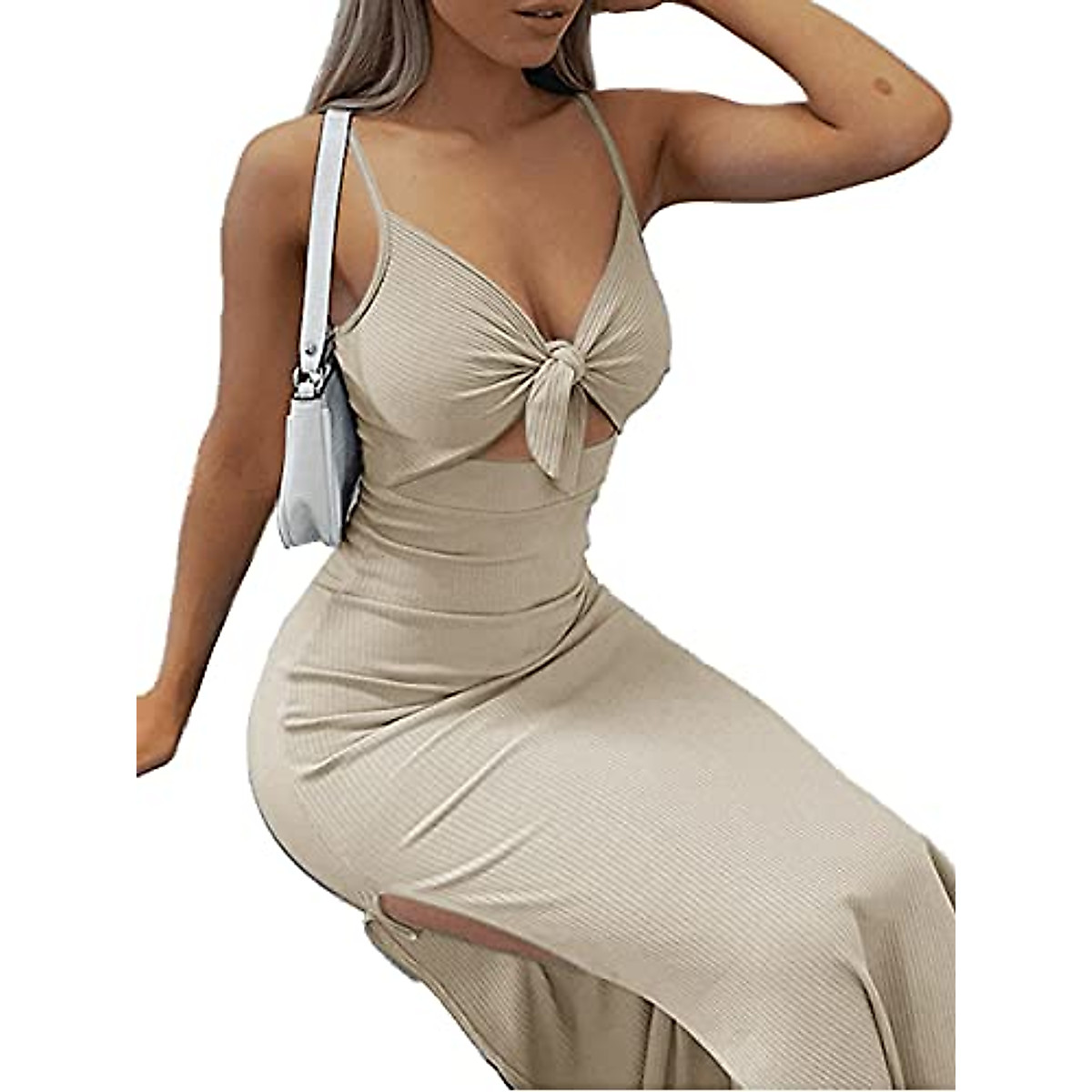LYANER Women's Tie Knot Cut Out Side Split Hem Sleeveless Knit Bodycon Maxi Dress Beige Medium