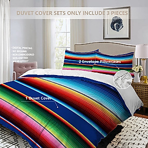 BaoNews Purplish Blue Mexican Stripes Duvet Cover Set King Size,3 Pieces Red Ethnic Serape Bedding Set Hotel Quality 100% Cotton Comforter Cover Set with 2 Pillowcases(No Filler)