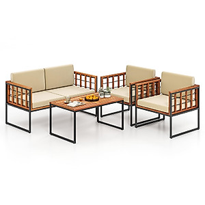 Tangkula Acacia Wood Outdoor Sofa Set, 4 Pieces Outdoor Furniture Set with Heavy Duty Metal Frame, Soft Seat & Back Cushions, for Balcony, Porch, Backyard or Poolside (1, Beige)