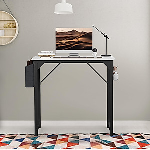 SMUG Computer Desk 32 Inch Home Office Writing Wood Desk Storage Bag & Headphone Hook Small Spaces Simple Bedroom Work Study Kids Table, White