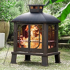 PAPABABE 45" Fire Pit Pagoda, Wood Burning Chimney Firepit with Grill Grate Outside for Garden Backyard BBQ Bonfire