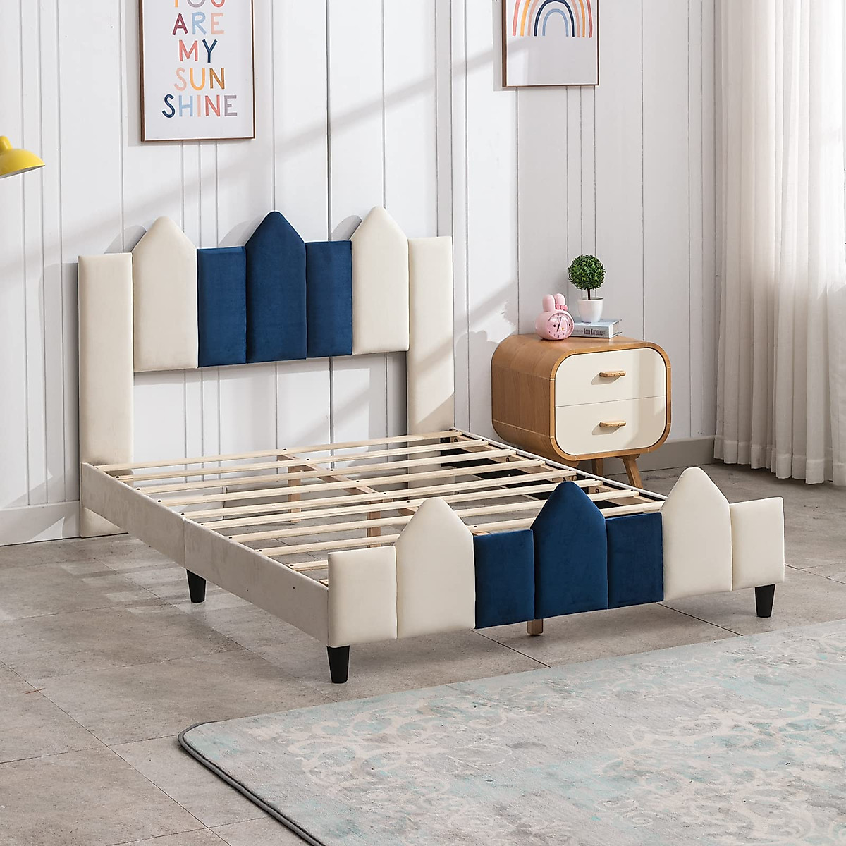 Mixoy Twin Size Kids Bed Frames,Upholstered Twin Platform Bed Frame for Children with Headboard,Toddler Bed for Boys & Girls, Teens,No Box Spring Needed, Easy Assembly(Blue/White,Twin)