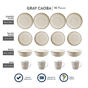 Corona Dinnerware Set 16– piece, Plates Bowls and Mugs Set, Ceramic Sets for 4, Microwave and Dishwasher Safe, Gray Caoba Hand-Painted Design
