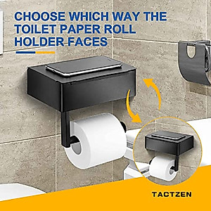 Tactzen Black Toilet Paper Holder, Flushable Wipes Dispenser Bathroom Storage Cabinet with Toilet Roll Holder with Phone Shelf,Stainless Steel Wall Mount Bathroom Organizer (Black-Plane)