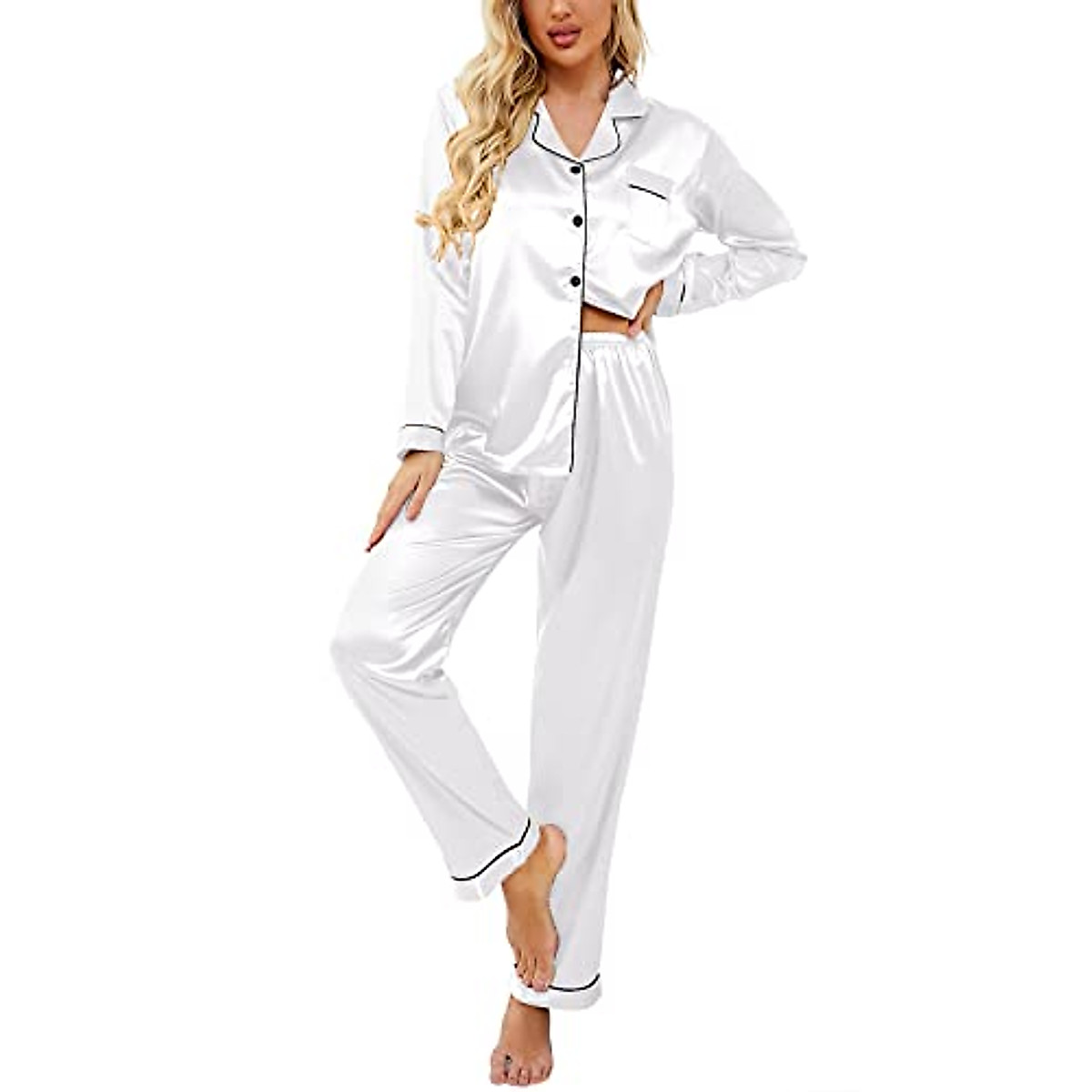 Ekouaer Long Pajama Set Women's Silk Sleep Set Button Up Long Sleeve Nightwear Plus Size Satin Pj Longs Set(02 White,XX-Large)