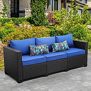 Outdoor Wicker Sofa Patio Rattan Garden Conversation Couch Furniture with Royal Blue Anti-Slip Cushions and Furniture Cover