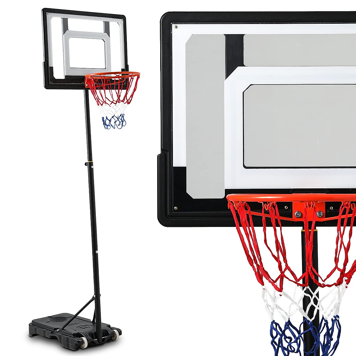 MoNiBloom Portable Basketball Hoop Goal 5ft- 7ft Adjustable-Height Stand with 33 Inch Backboard Wheels Fillable Base, Basketball Goals for Adults Indoor Outdoor Play, Black