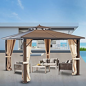GAZEBEST 12' X 12' Permanent Hardtop Gazebo, Outdoor Galvanized Steel Double Roof Pavilion Pergola Canopy with Aluminum Frame Nettings and Curtains for Garden, Patio, Backyard, Deck and Lawns.