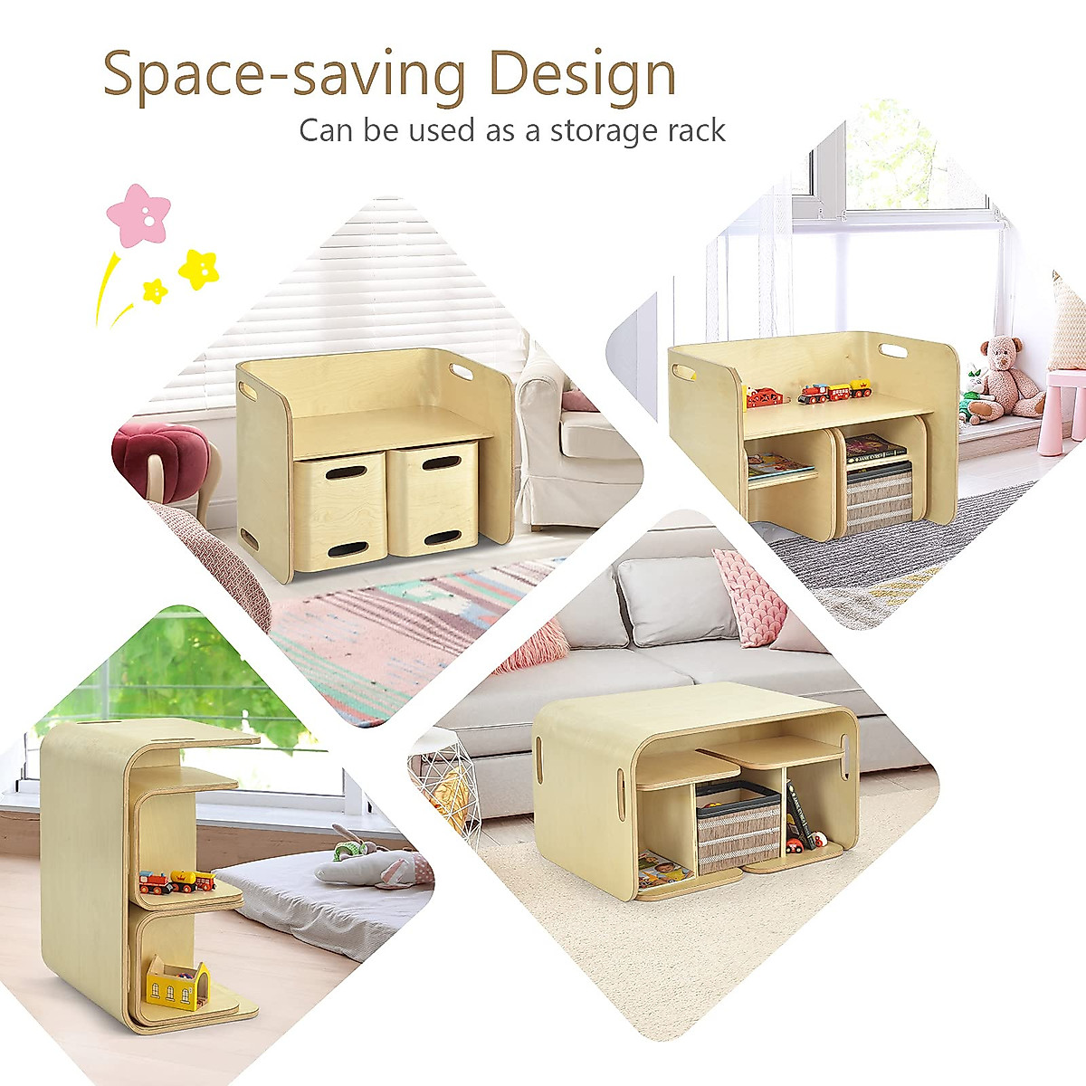 Costzon Kids Table and Chair Set, 4 in 1 Wood Activity Table, Bench, Storage Shelves, Desk for Children Reading, Arts, Crafts, Snack Time, Playroom, Fully Assembled, Toddler Table & Chair Set, Natural