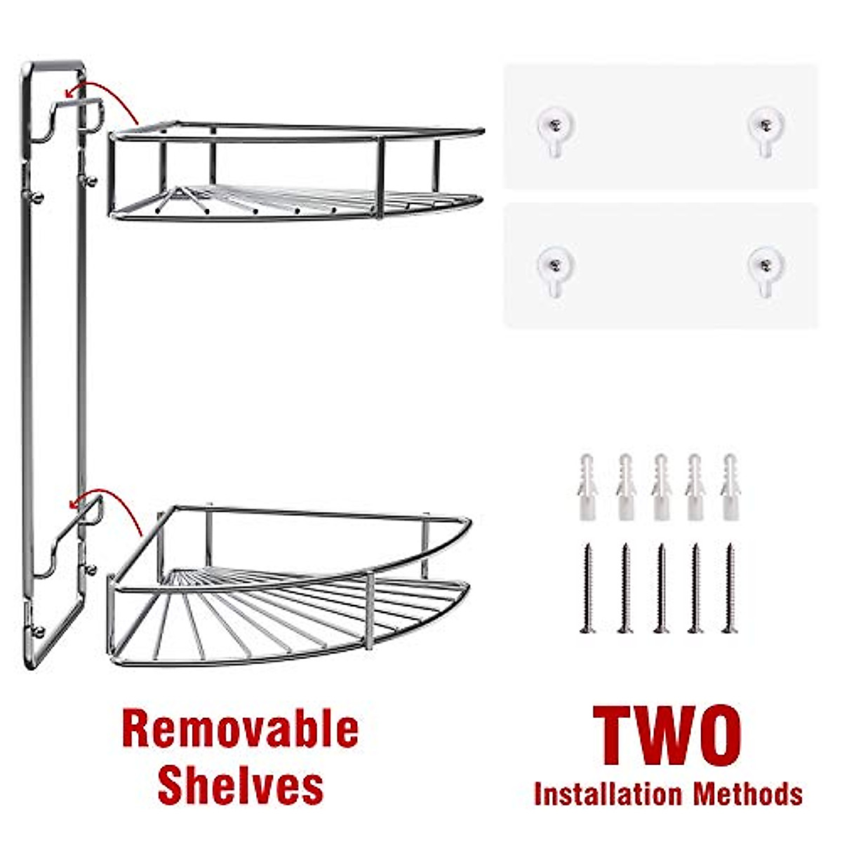 Vdomus 2 Tier Corner Shower Caddy Stainless Steel Wall Mounted Shower Caddy Corner, Shower shelf for Inside Shower, Drill-Free Install with Adhesives or Screws, Silver