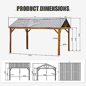 Domi 12'x14' Hardtop Gazebo,Outdoor Permanent Gazebo with Galvanized Steel Gable Roof and Wood Grain Aluminum Frame, Metal Pavilion Gazebo for Patio, Backyard, Deck and Lawns