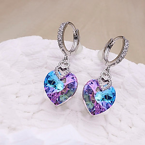 S925 Sterling Silver Heart Dangle Drop Hoop Earrings for Women Multicolored Crystal Cubic Zirconia Purple Amethyst Dangling Earrings Fine Jewelry Gifts for Her (purple)