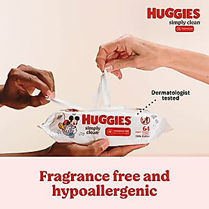 Baby Wipes, Unscented, Huggies Simply Clean Fragrance-Free Baby Diaper Wipes, 11 Flip Lid Packs (704 Wipes Total)