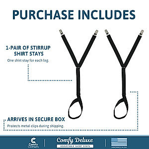 Comfy Clothiers Adjustable Shirt Garters - 25" Wide. Elastic Stirrup Shirt Stay, Easy to Wear, Tucked In - Men & Women with Foot Loop - For All Types of Shirts