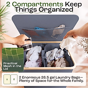 AMBIAVO XXL Laundry Hamper 2 Section – Grey – Dual Laundry Hamper with Lid, Double Hamper, Laundry Basket 2 Section, Perfect for College and Dorm, 52 Gallon Large Laundry Basket